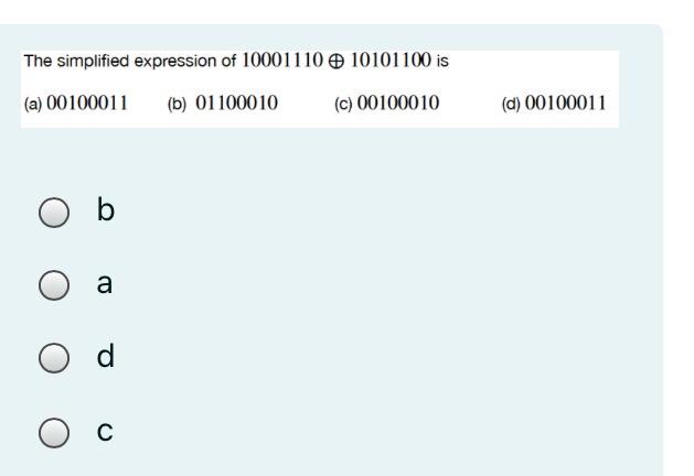 Solved The simplified expression of 10001110 Ф 10101100 is | Chegg.com