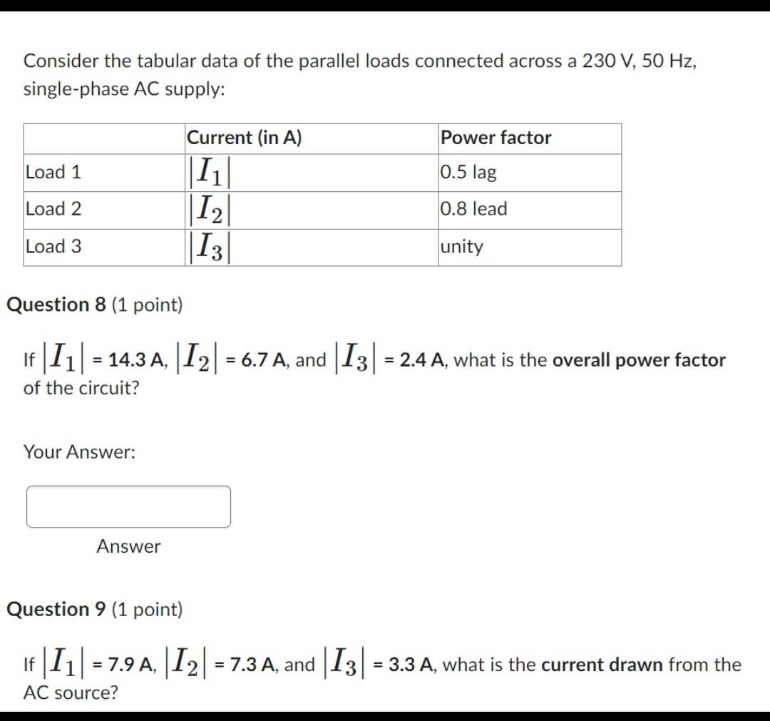 Solved Consider the tabular data of the parallel loads | Chegg.com