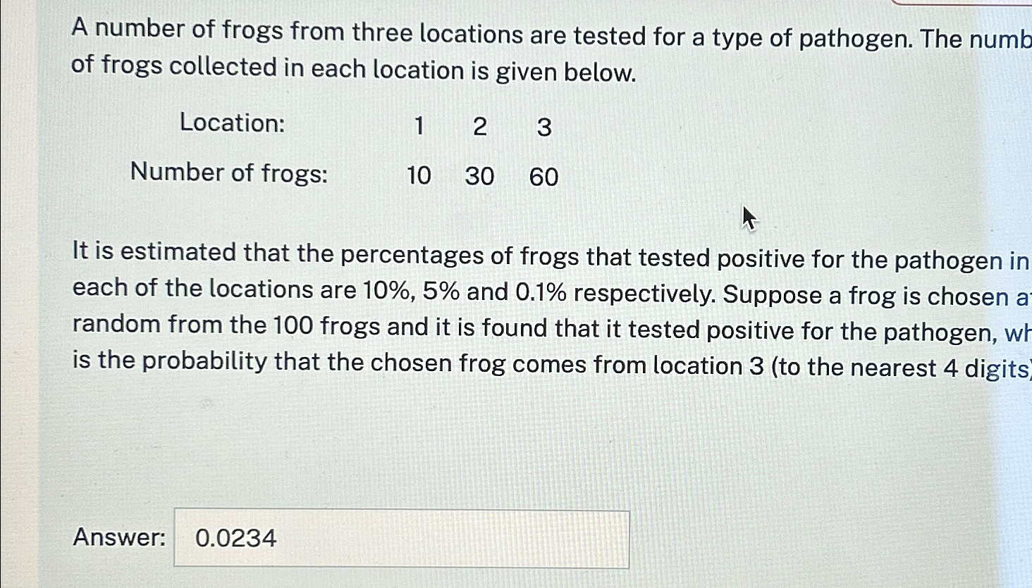 Solved A number of frogs from three locations are tested for | Chegg.com