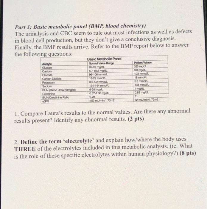 Solved Part 3: Basic metabolic panel (BMP, blood chemistry) | Chegg.com