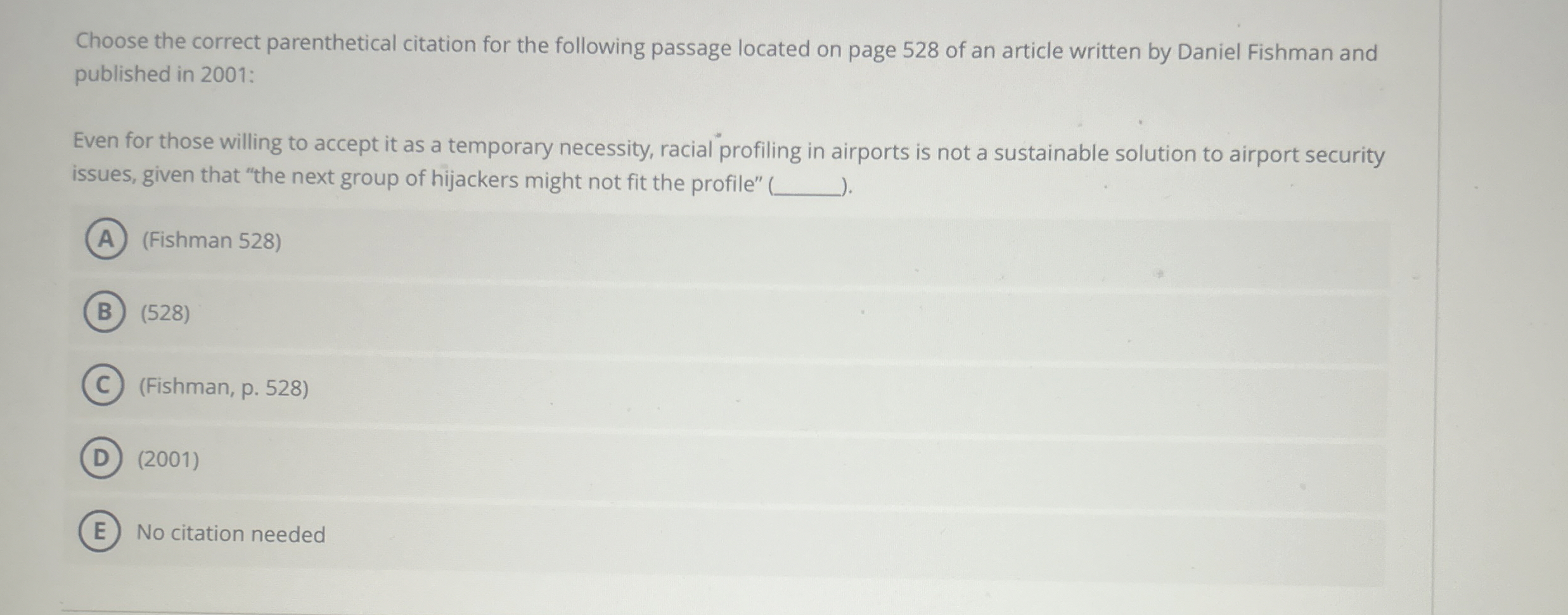 Choose the correct parenthetical citation for the | Chegg.com