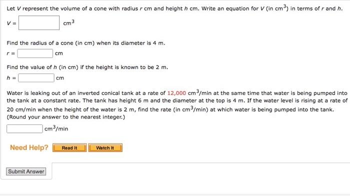 Solved Let V represent the volume of a cone with radius r cm | Chegg.com