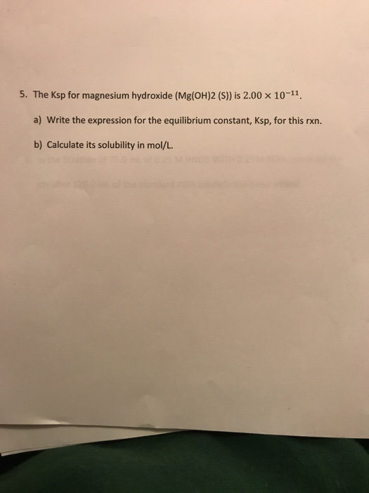 Solved 5. The Ksp for magnesium hydroxide (Mg(OH)2 (S)) is | Chegg.com