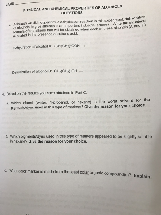 Solved NAME PHYSICAL AND CHEMICAL PROPERTIES OF ALCOHOLS | Chegg.com