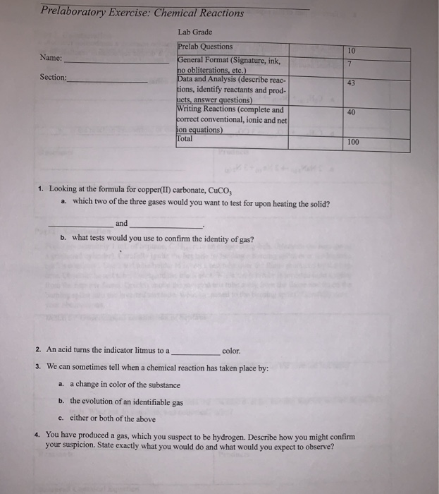 Solved Prelaboratory Exercise: Chemical Reactions Lab Grade | Chegg.com