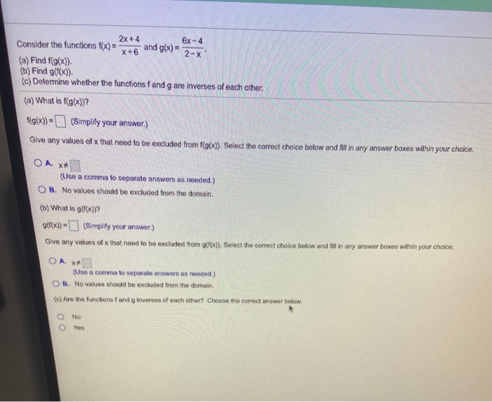 Solved 2x +4 6x-4 Consider the functions f(x) = and g(x) = | Chegg.com