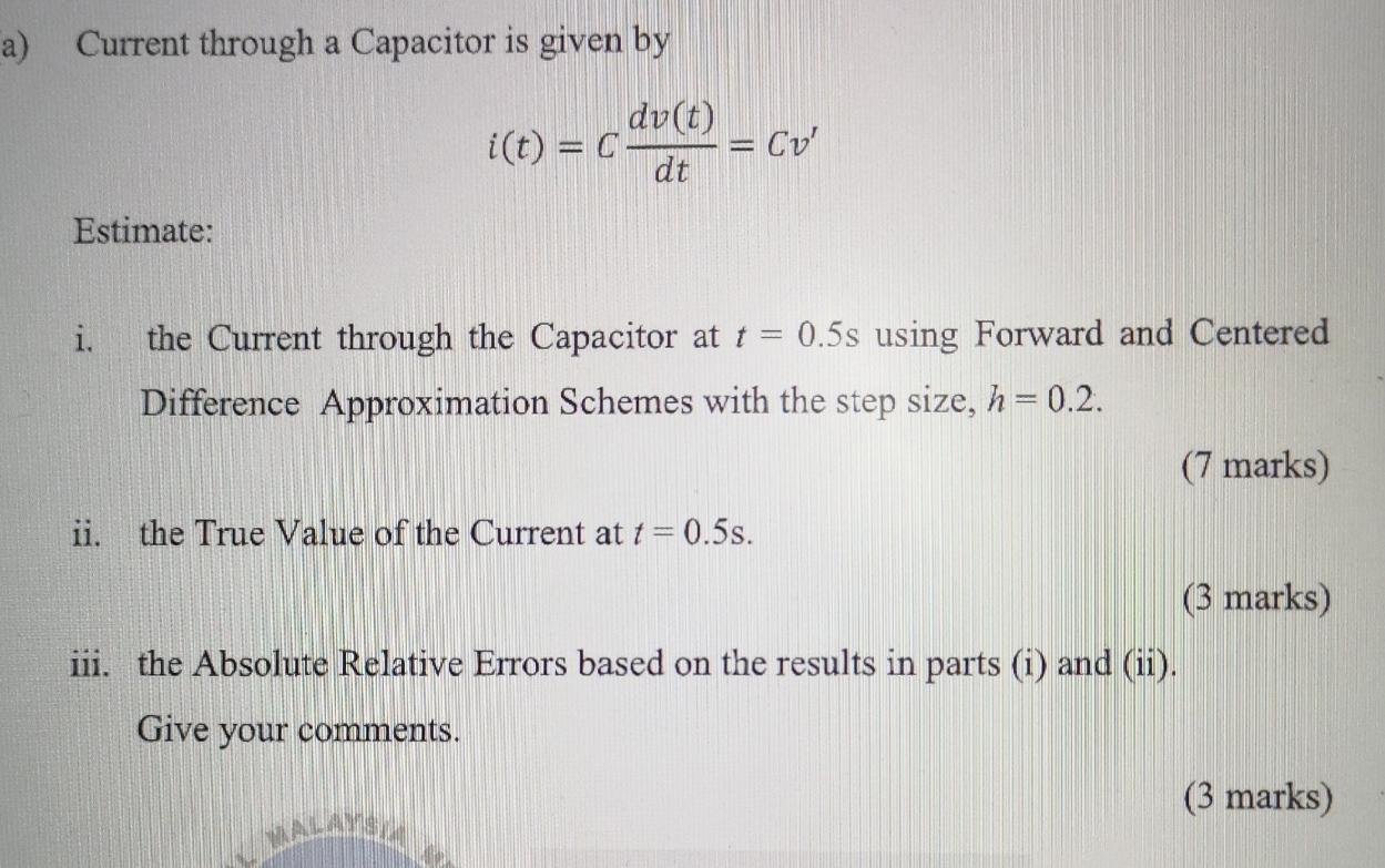 Solved a) ﻿Current through a Capacitor is given | Chegg.com