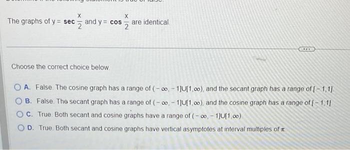 Solved The graphs of y=sec2x and y=cos2x are identical | Chegg.com