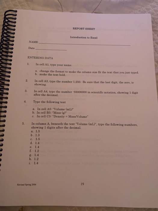 Solved REPORT SHEET Introduction to Excel NAME Date ENTERING | Chegg.com