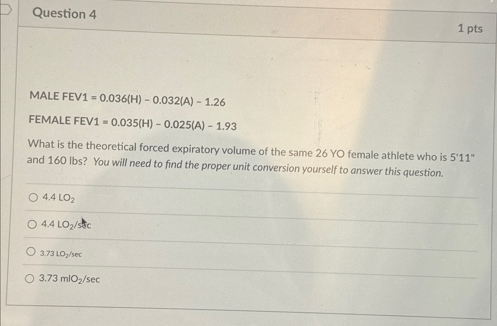Solved Question 41ptsMALE FEV1 =0.036(H)-0.032(A)-1.26FEMALE | Chegg.com