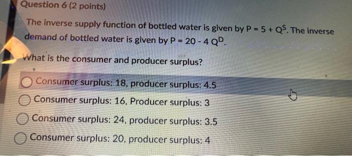 Solved The inverse supply function of bottled water is given | Chegg.com