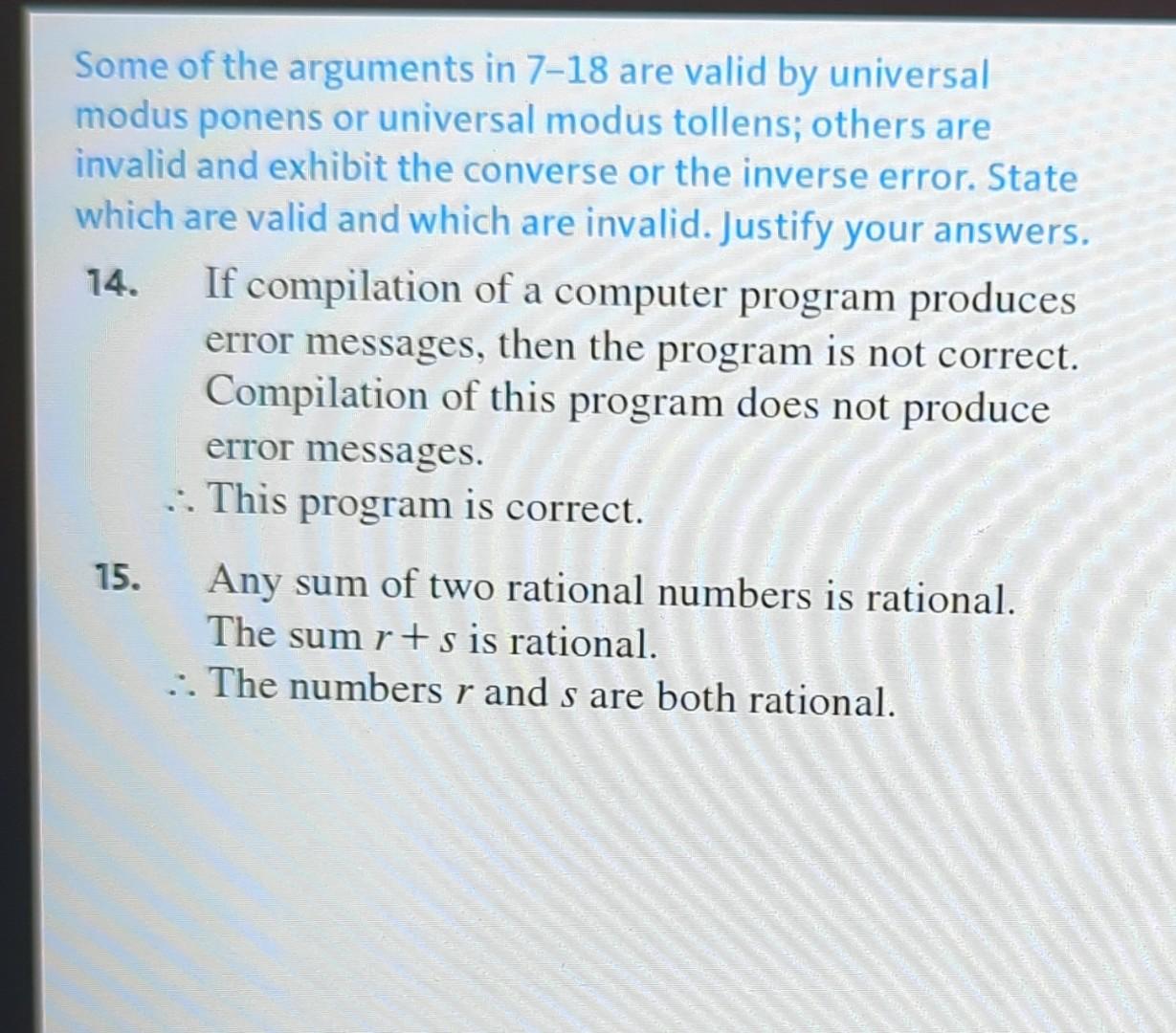 Some of the arguments in 7−18 are valid by universal | Chegg.com