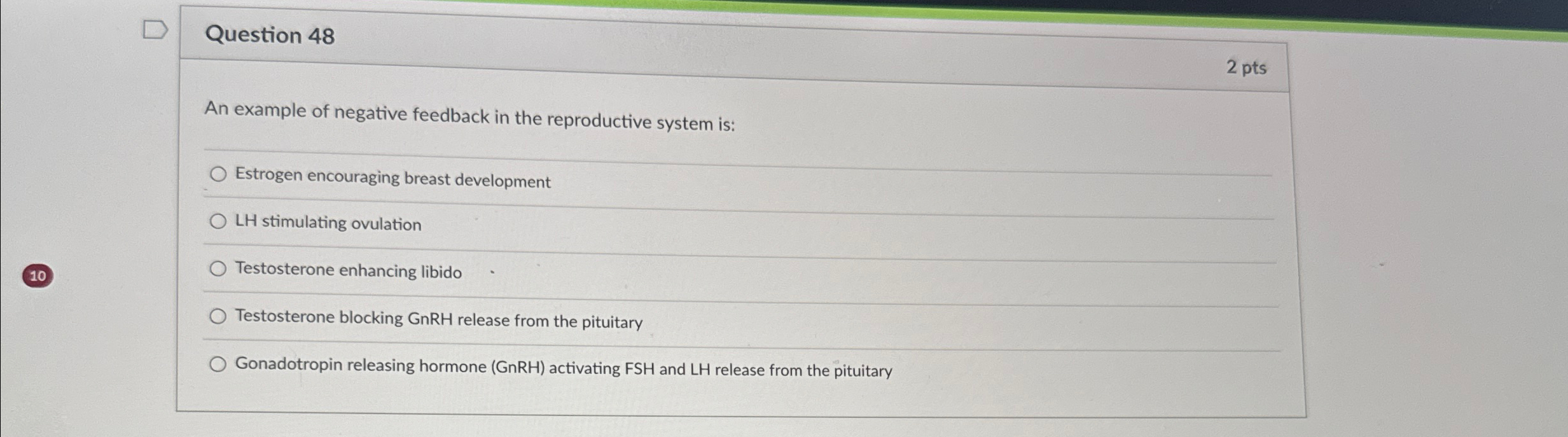 Solved Question 482 ﻿ptsAn example of negative feedback in | Chegg.com