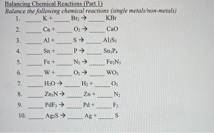 Solved Balancing Chemical Reactions (Part 1) Balance the | Chegg.com