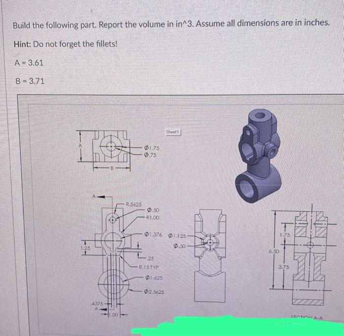 Solved Build the following part. Report the volume in in^3. | Chegg.com