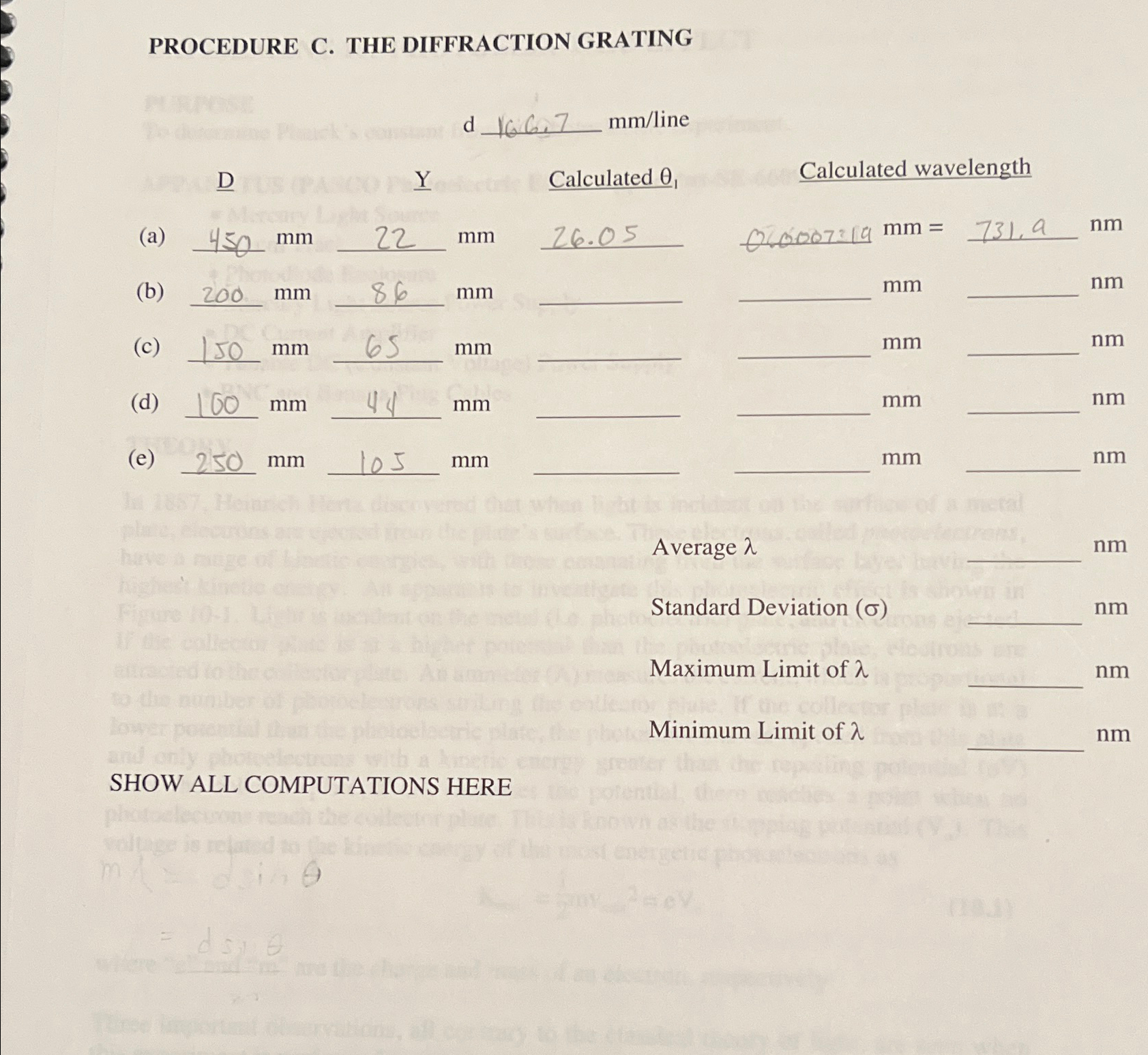 PROCEDURE C. ﻿THE DIFFRACTION GRATINGd 166.7mmline | Chegg.com