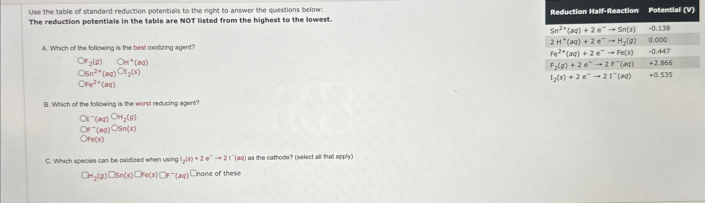Solved Use the table of standard reduction potentials to the | Chegg.com