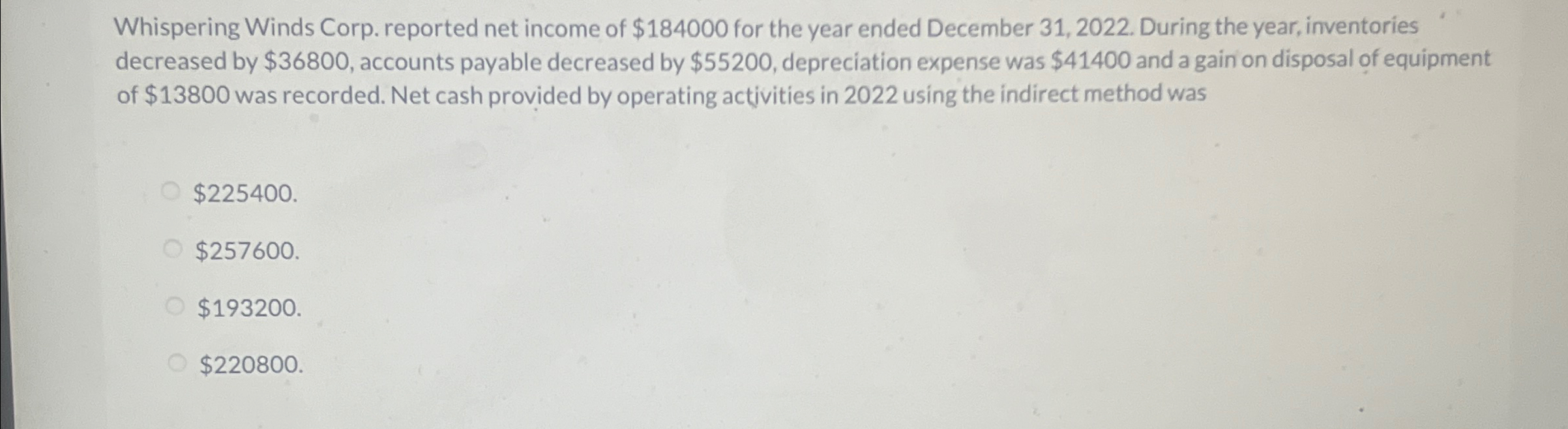 Solved Whispering Winds Corp. reported net income of $184000 | Chegg.com
