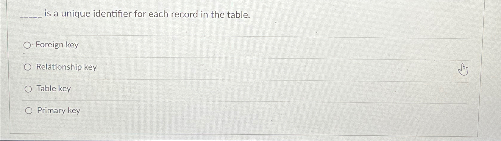 Solved is a unique identifier for each record in the | Chegg.com