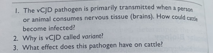 Solved 1. The vCJD pathogen is primarily transmitted when a | Chegg.com