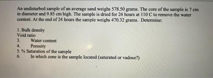 Solved An undisturbed sample of an average sand weighs | Chegg.com