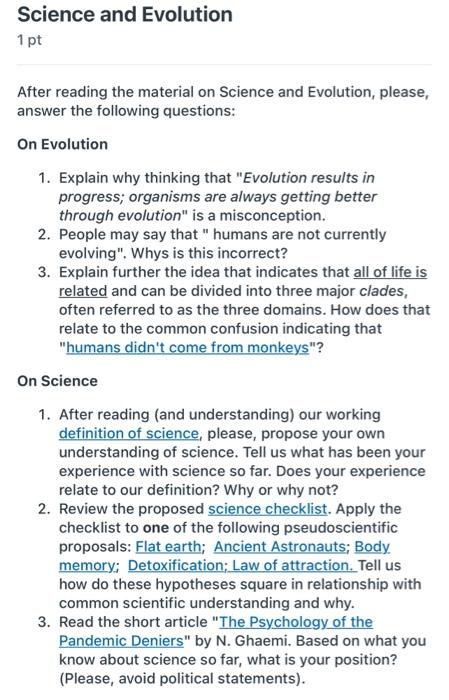 Solved Science and Evolution 1 pt After reading the material | Chegg.com