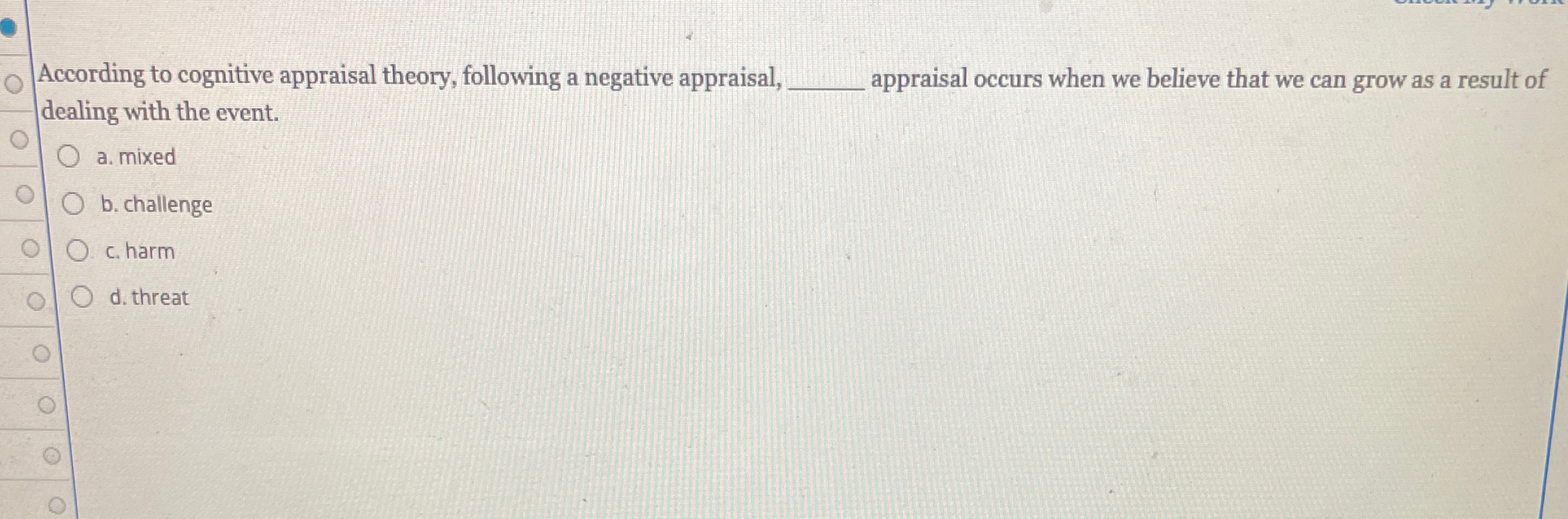 Solved According to cognitive appraisal theory, following a | Chegg.com