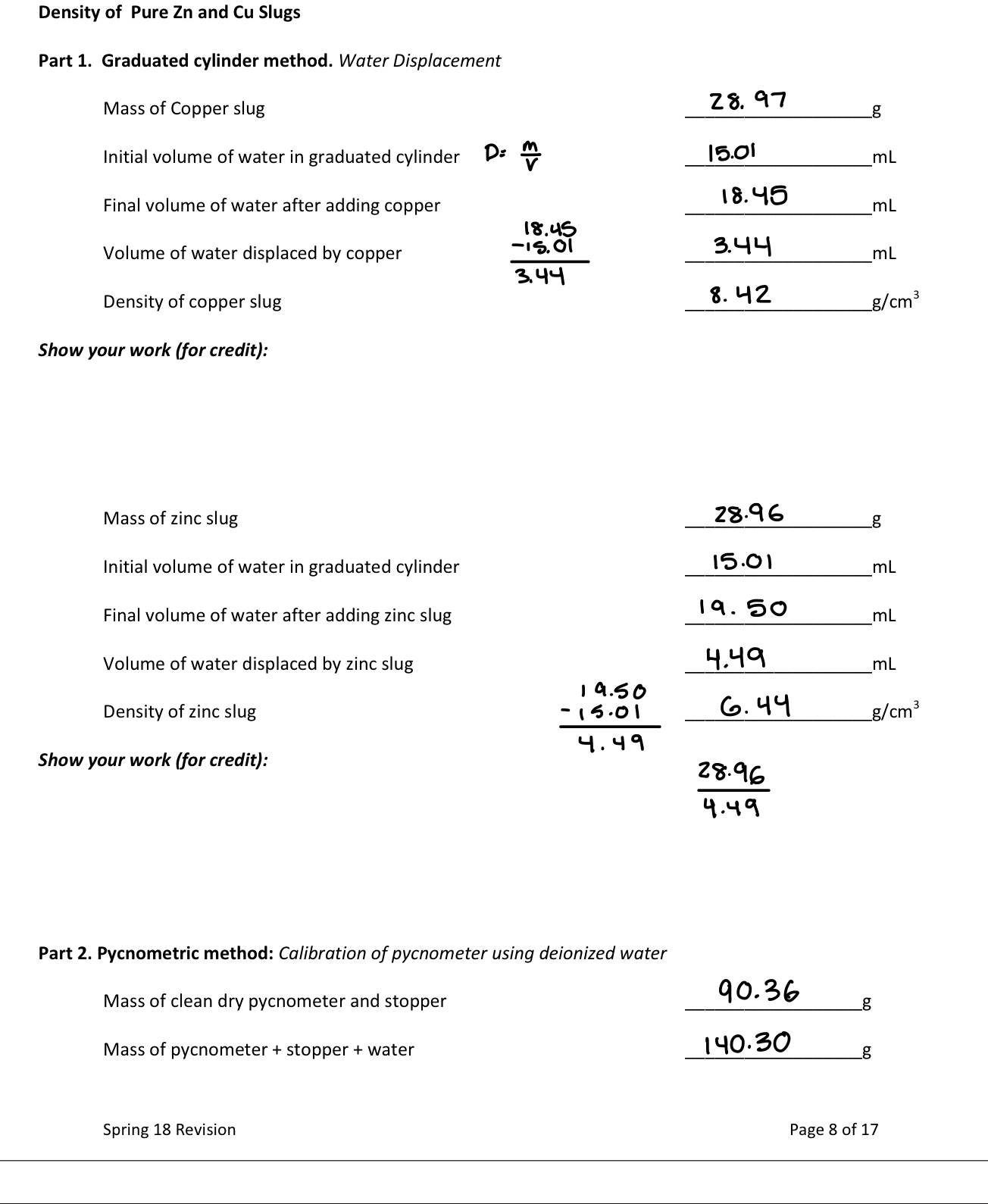 Solved Density of Pure Zn and Cu SlugsPart 1. ﻿Graduated | Chegg.com