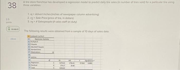 Solved A tire store franchise has developed a regression | Chegg.com