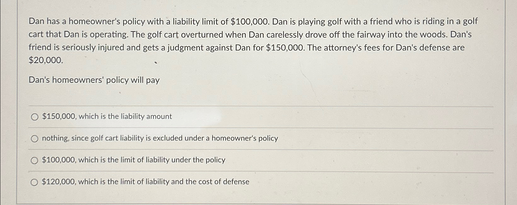 Solved Dan has a homeowner's policy with a liability limit | Chegg.com