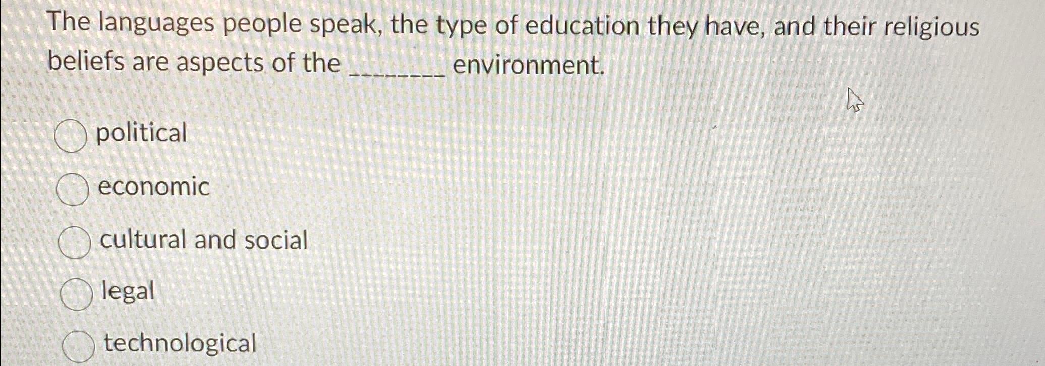 Solved The languages people speak, the type of education | Chegg.com
