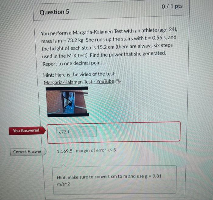 Solved You perform a Margaria-Kalamen Test with an athlete | Chegg.com
