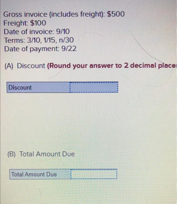 Solved Gross invoice (includes freight): $500 Freight $100 | Chegg.com