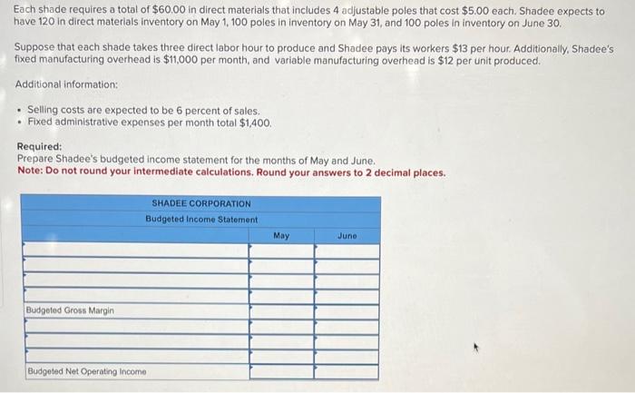 Solved Shadee Corporation expects to sell 630 sun shades in | Chegg.com