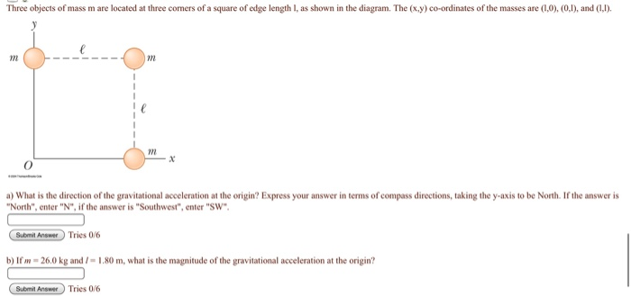Solved Three objects of mass m are located at three comers | Chegg.com