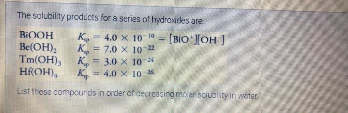 Solved The solubility products for a series of hydroxides | Chegg.com