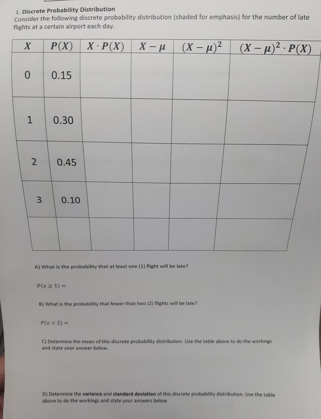Solved 1. Discrete Probability Distribution Consider the | Chegg.com