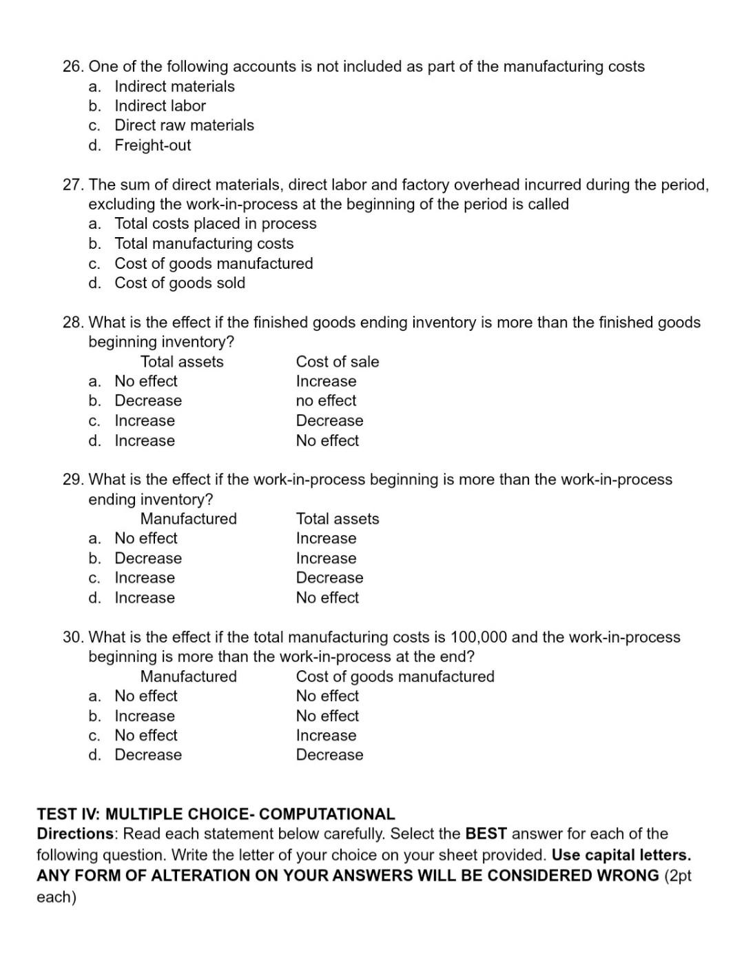 Solved TEST III: MULTIPLE CHOICE- THEORY Directions: Read | Chegg.com