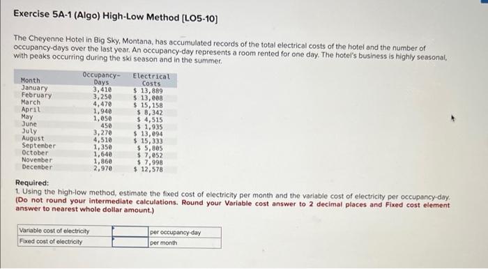 Solved Exercise 5A-1 (Algo) High-Low Method [LO5-10] The | Chegg.com