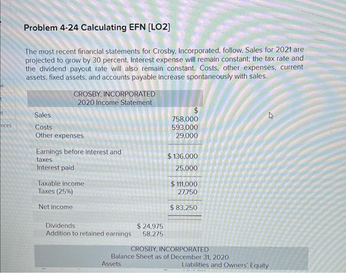 Solved Problem 4-24 Calculating EFN (LO2) The most recent | Chegg.com