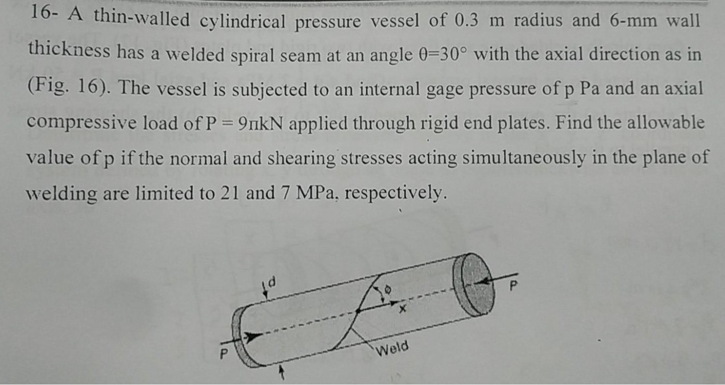 Solved 16- ﻿A thin-walled cylindrical pressure vessel of | Chegg.com