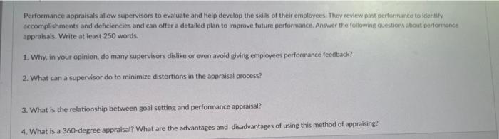 Solved Performance appraisals allow supervisors to evaluate | Chegg.com