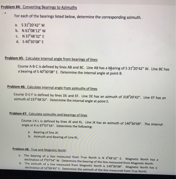 Solved "roblem #4: Converting Bearings to Azimuths For each | Chegg.com