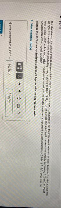 Solved Part The absorbance of a cationic iron(il) sample | Chegg.com