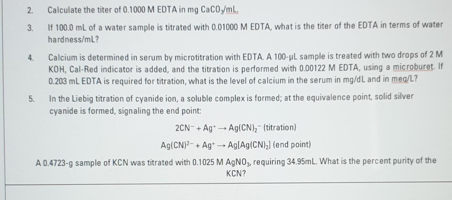Solved 2 Calculate the titer of 0.1000 M EDTA in mg | Chegg.com