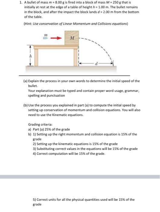 Solved 1. A bullet of mass m = 8.00 g is fired into a block | Chegg.com