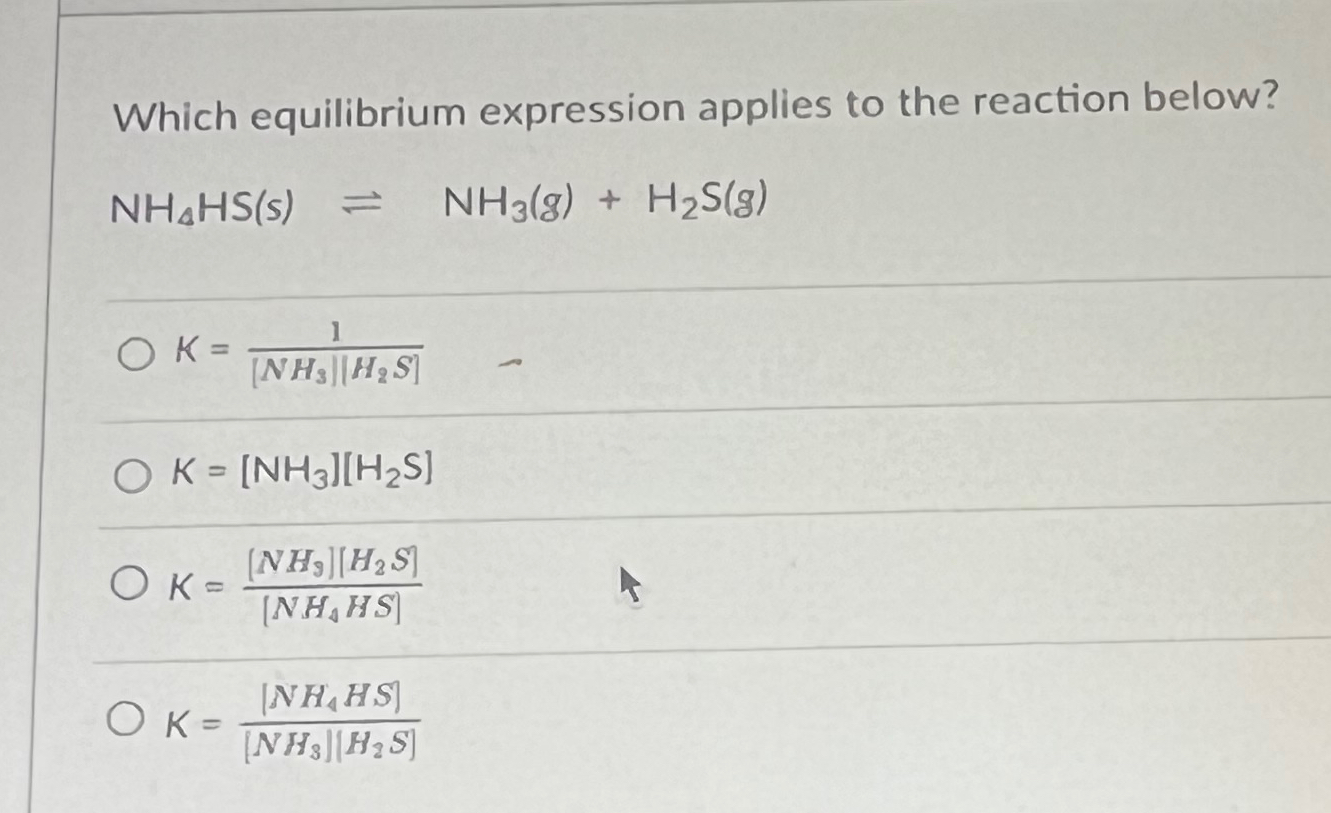 Solved Which equilibrium expression applies to the reaction | Chegg.com