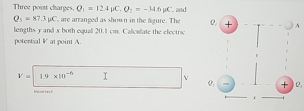 Solved Three point charges, Q1 = 12.4 pC, Q2 = -34.6 °C, and | Chegg.com