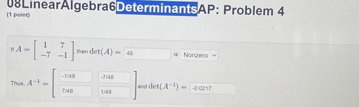 Solved 08LinearAlgebra6 (1 point) AP: Problem 4 If | Chegg.com