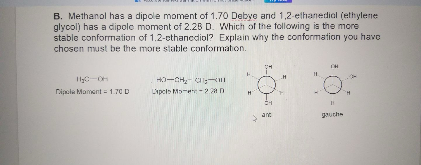 Solved B. ﻿Methanol has a dipole moment of 1.70 ﻿Debye and | Chegg.com
